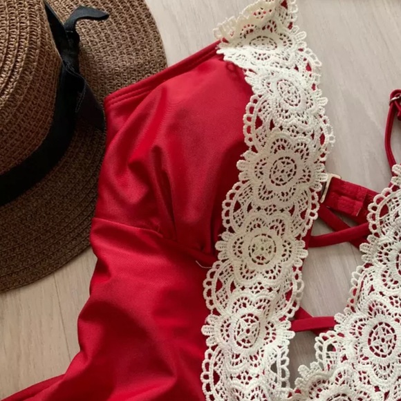 Swim | Red Deep V Swimsuit With Lace Trimming | Poshmark